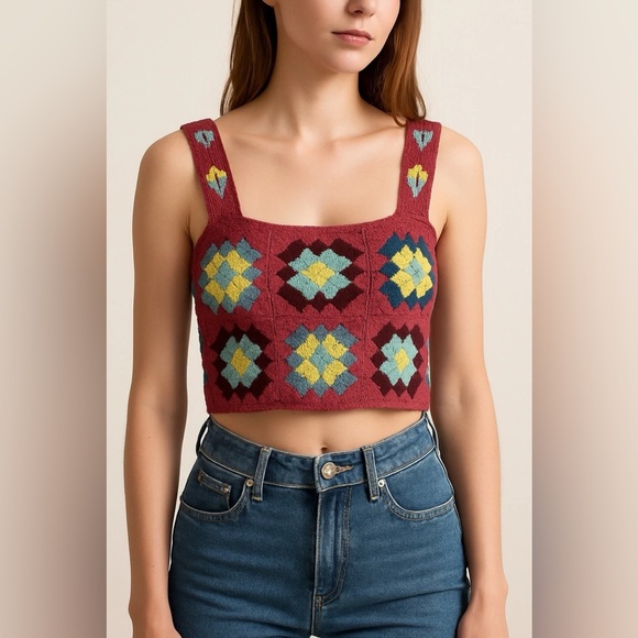Witty Fox | Tops | Vintageinspired Crochet Crop Top Boho Granny Square ...